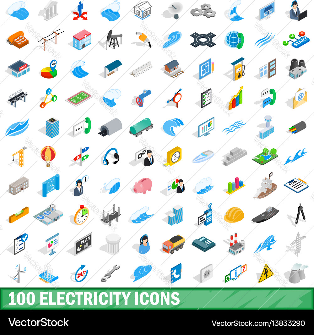 100 electricity icons set isometric 3d style Vector Image