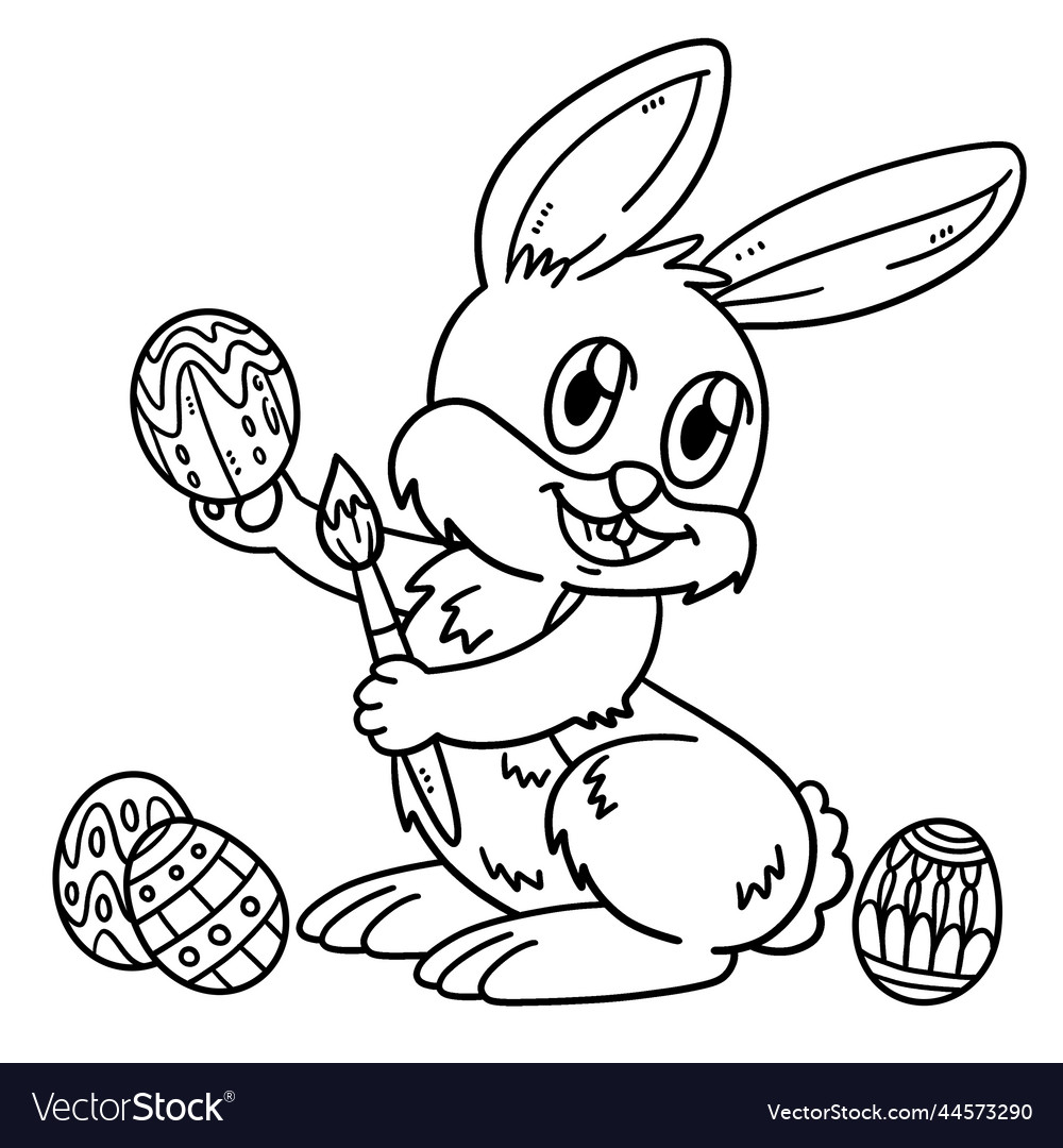 Bunny painting easter egg isolated coloring page Vector Image