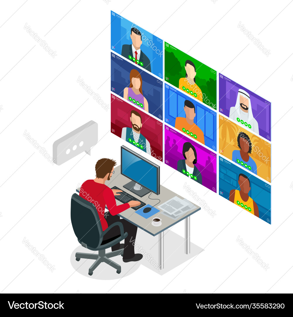 Isometric video conference group corporate video Vector Image