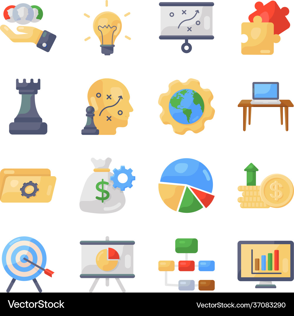 Pack business and strategy flat icons Royalty Free Vector