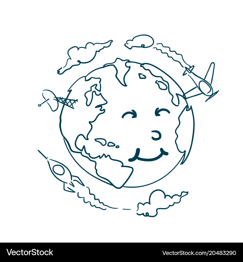 Planet doodle with cute cartoon face on white Vector Image