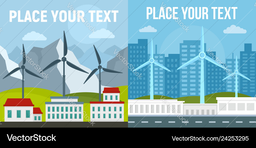 City wind turbine banner set flat style Royalty Free Vector