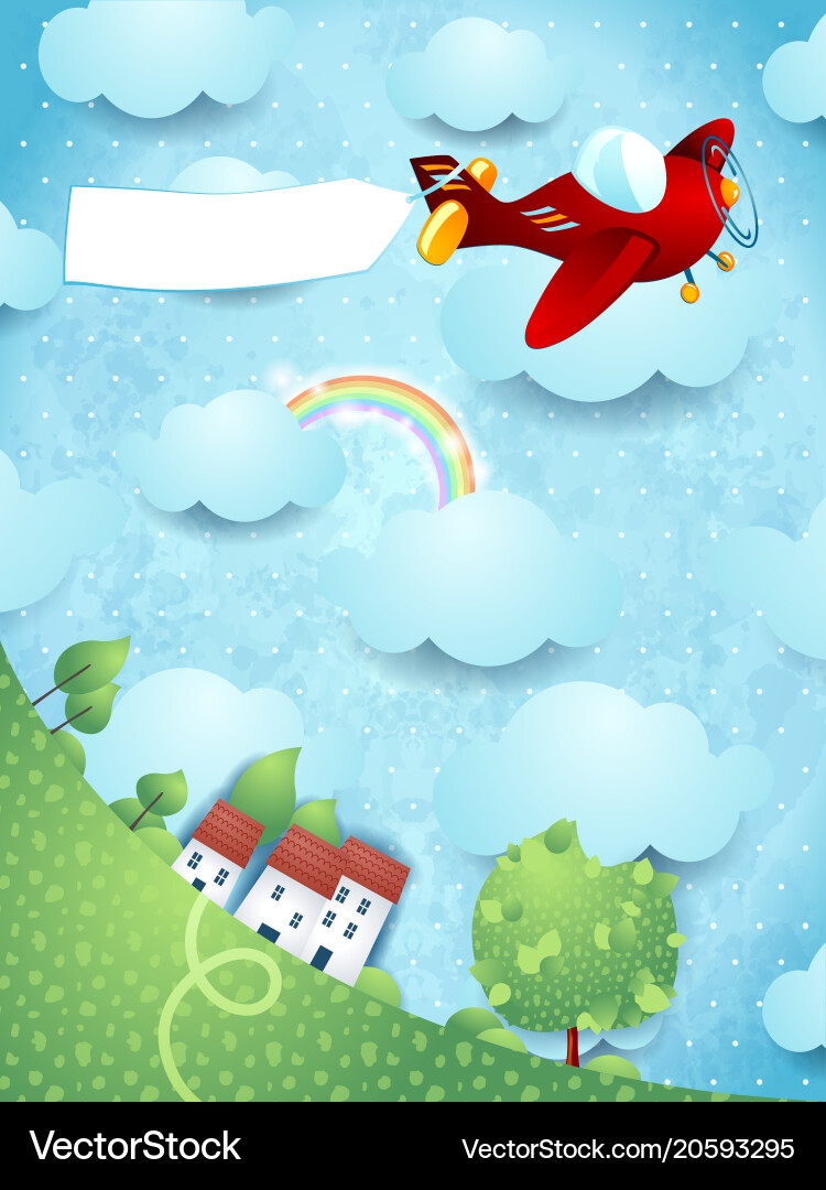 Fantasy landscape with red airplane and blank Vector Image