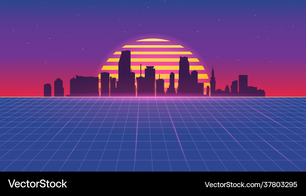 Retro 80s with rising sun and miami Royalty Free Vector
