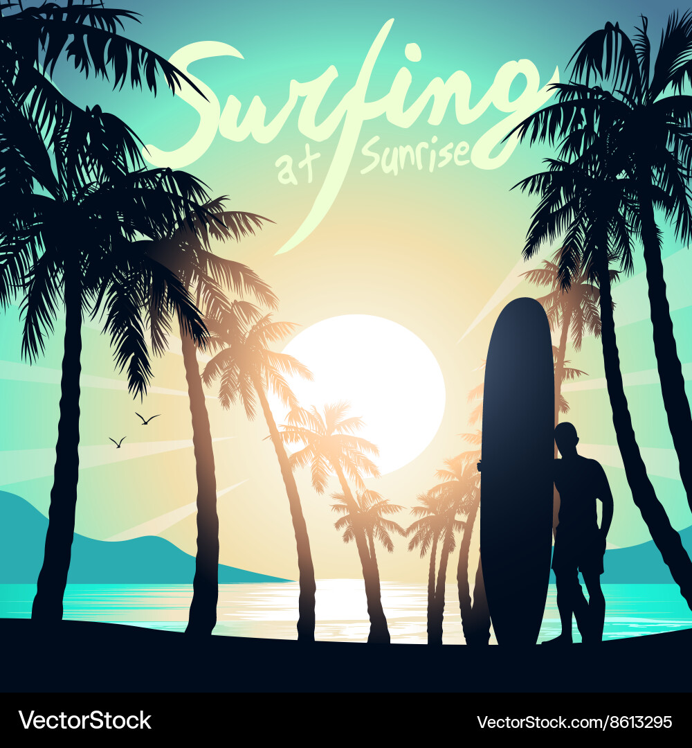 Surfing at sunrise with a longboard surfer Vector Image