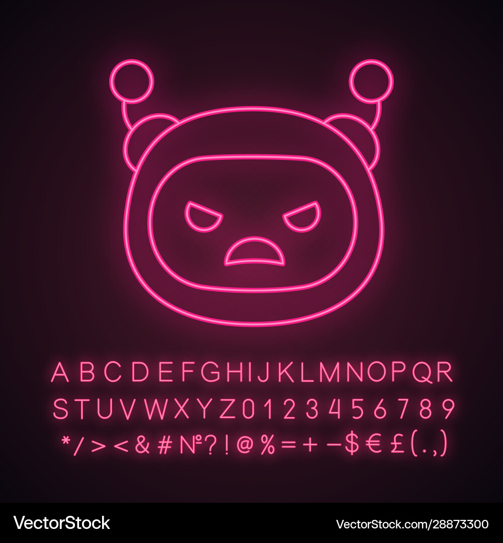 Angry robot emoji neon light icon Royalty Free Vector Image