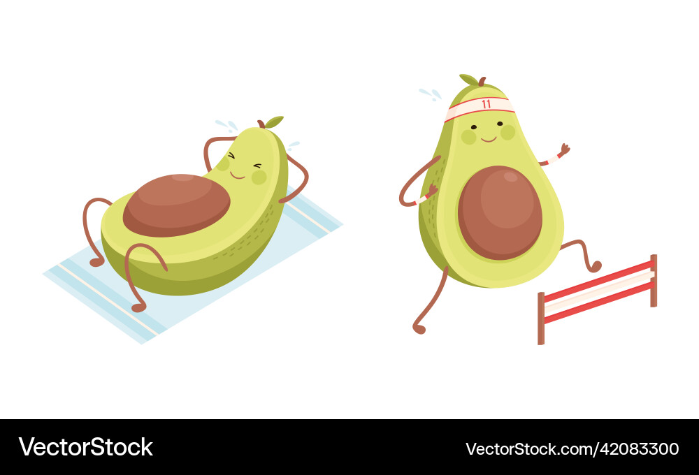 Cute avocado doing sports exercises set Royalty Free Vector