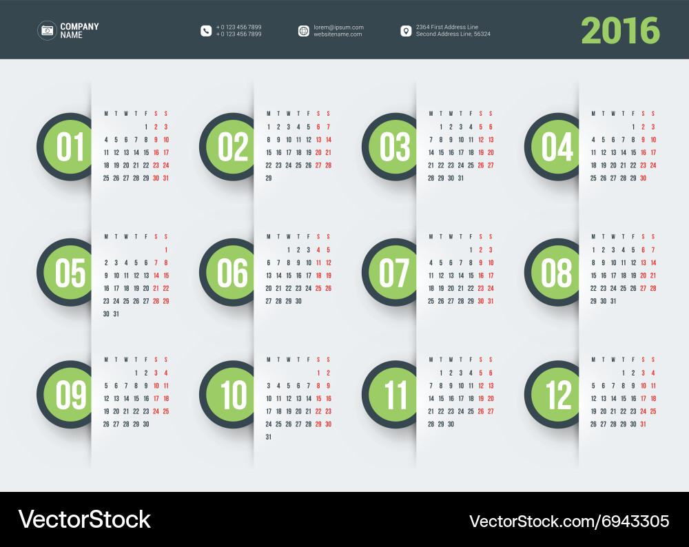 Design print template calendar for 2016 year week Vector Image