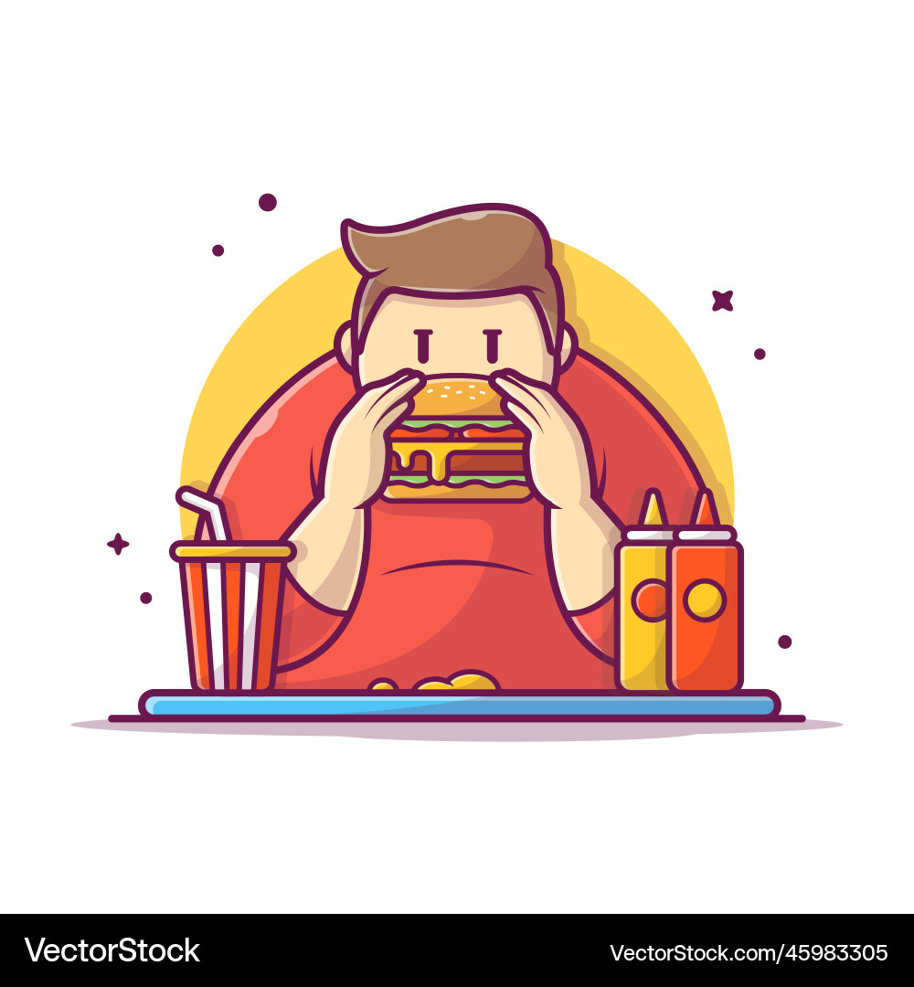 Fat guy eating burger soft drink mustard Vector Image