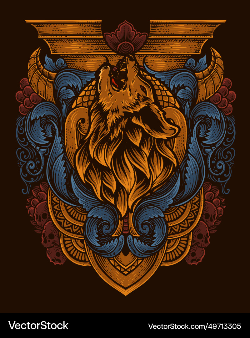 Wolf head with antique engraving ornament Vector Image