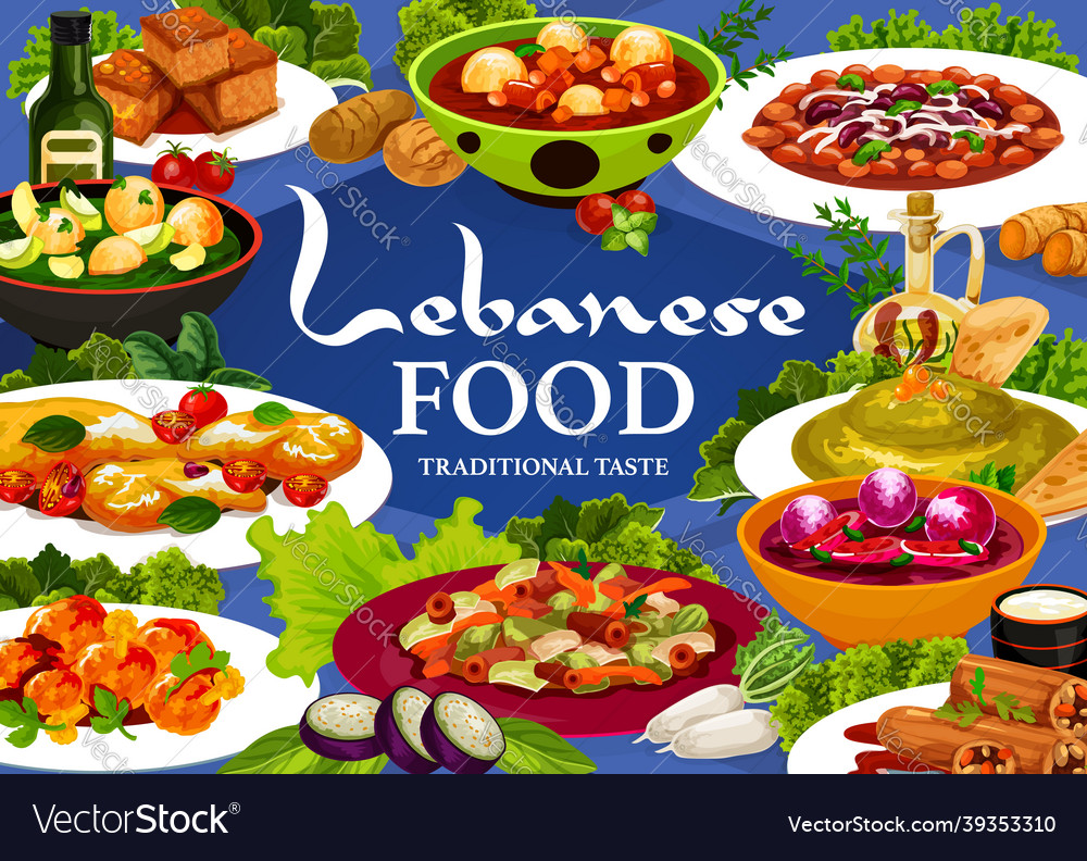 Lebanese food menu cover with arab cuisine dishes Vector Image