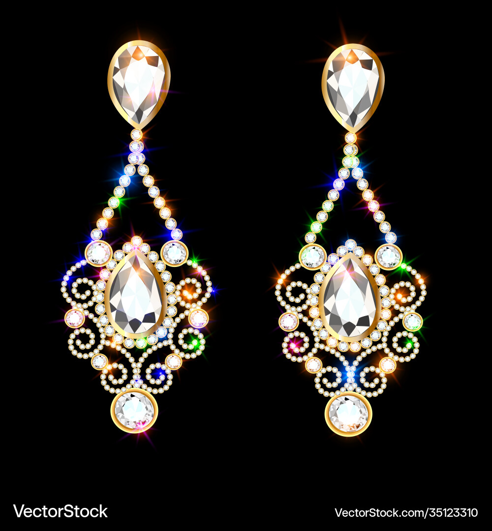 Set gold glittering earrings with precious Vector Image