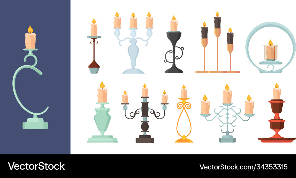Candlestick burning fire on candle holder vintage Vector Image