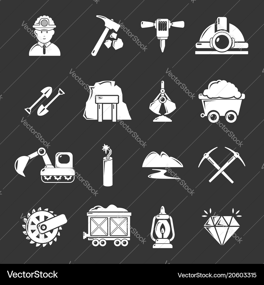 Mining minerals business icons set grey Royalty Free Vector
