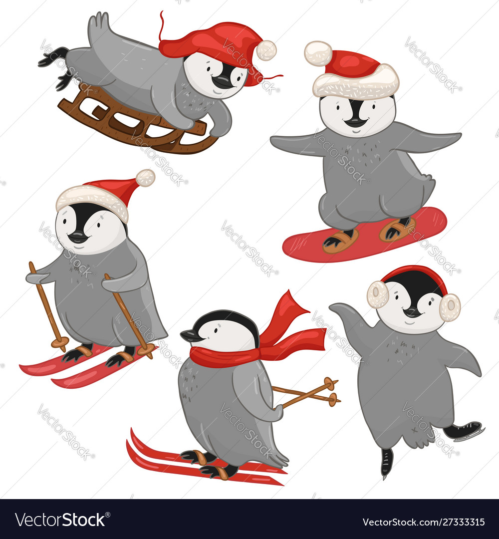 Winter sport penguin collection isolated on white Vector Image