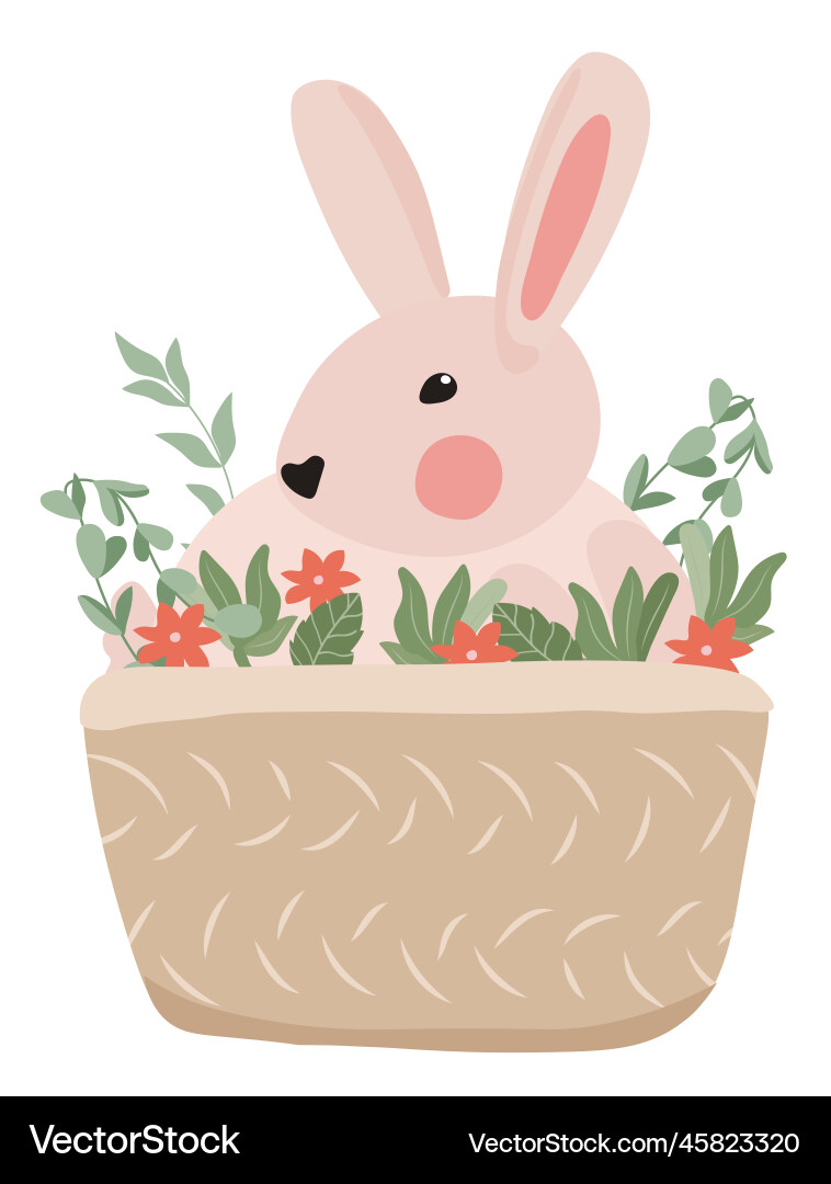 Cute rabbit in a basket with spring flowers Vector Image