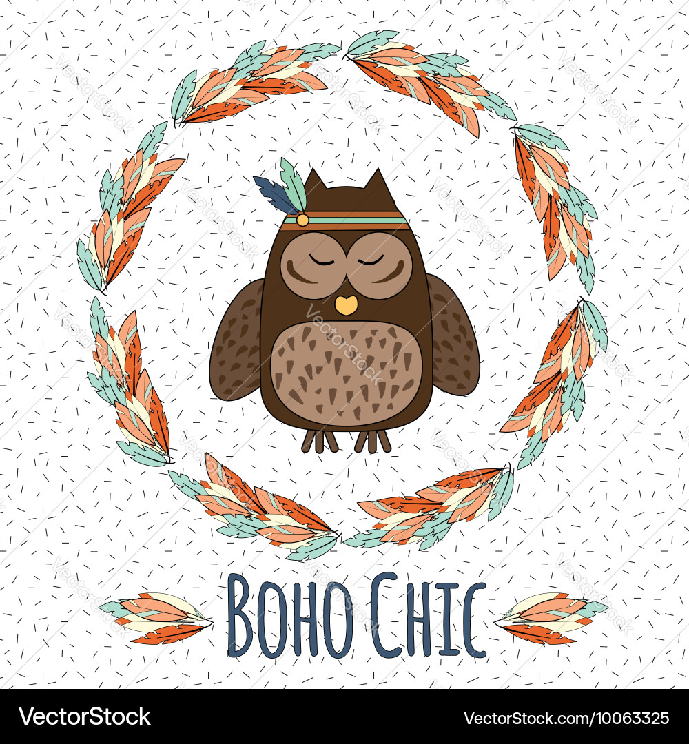 Boho owl in feather wreath hand drawn style Vector Image