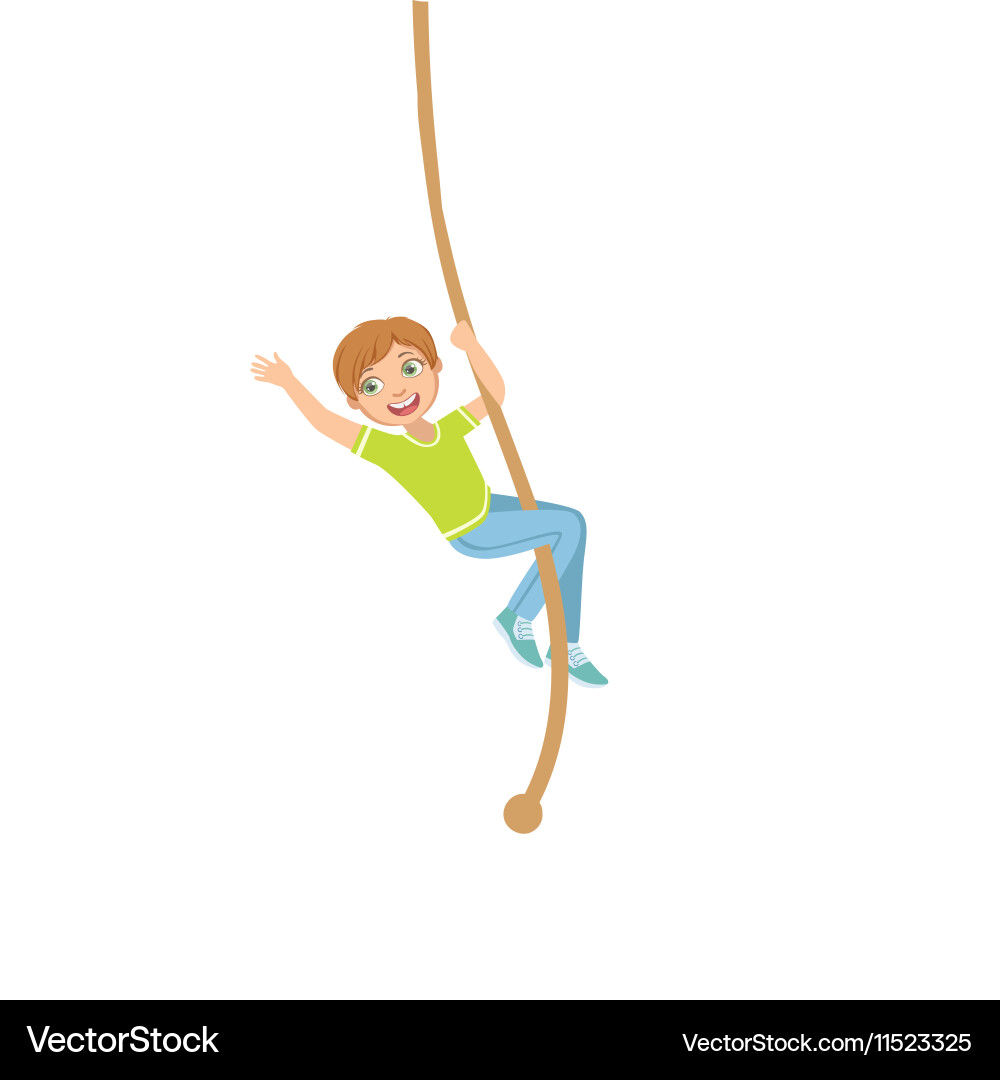Boy climbing a rope in physical education class Vector Image