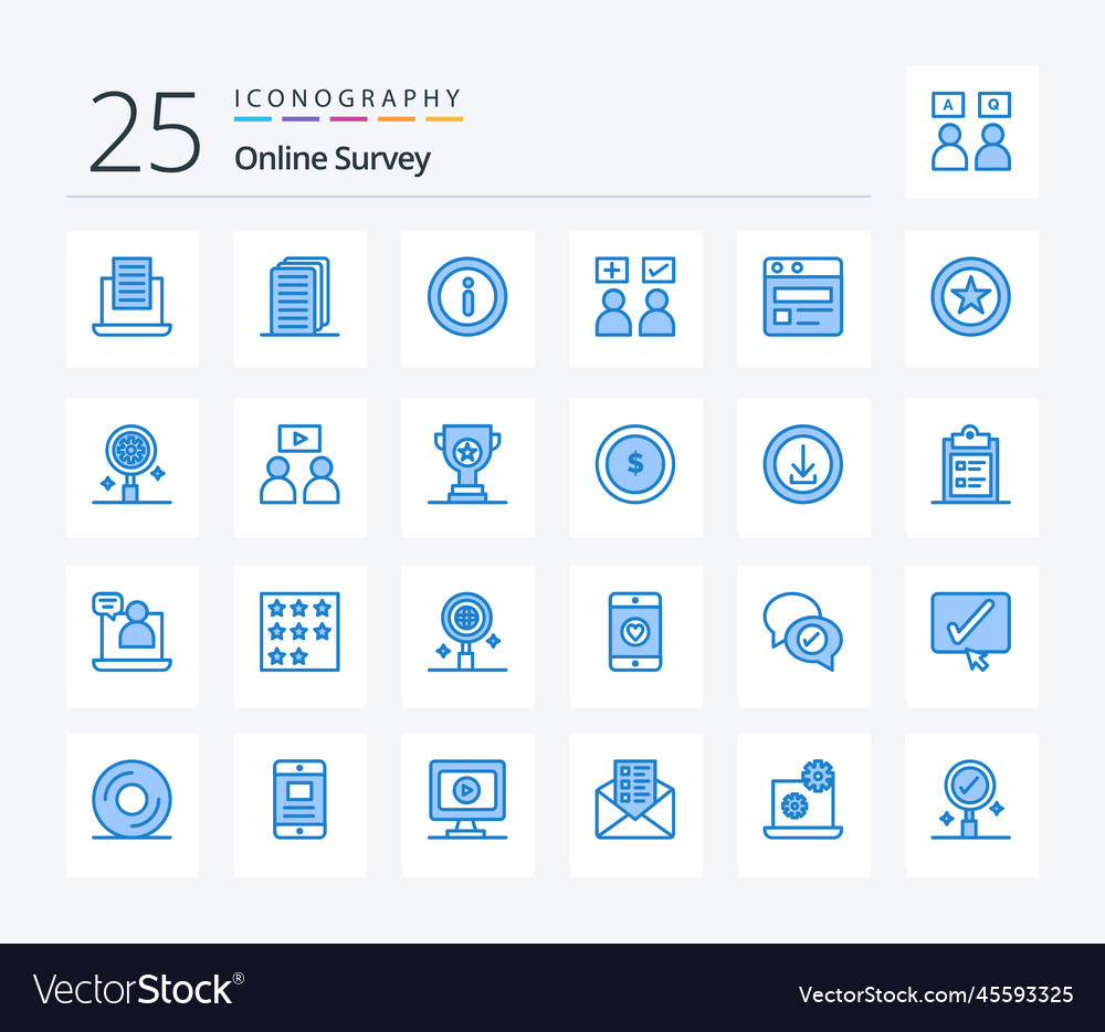 Online survey 25 blue color icon pack including Vector Image