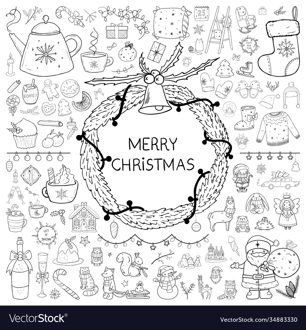 Merry christmas big hand drawn doodle set Vector Image