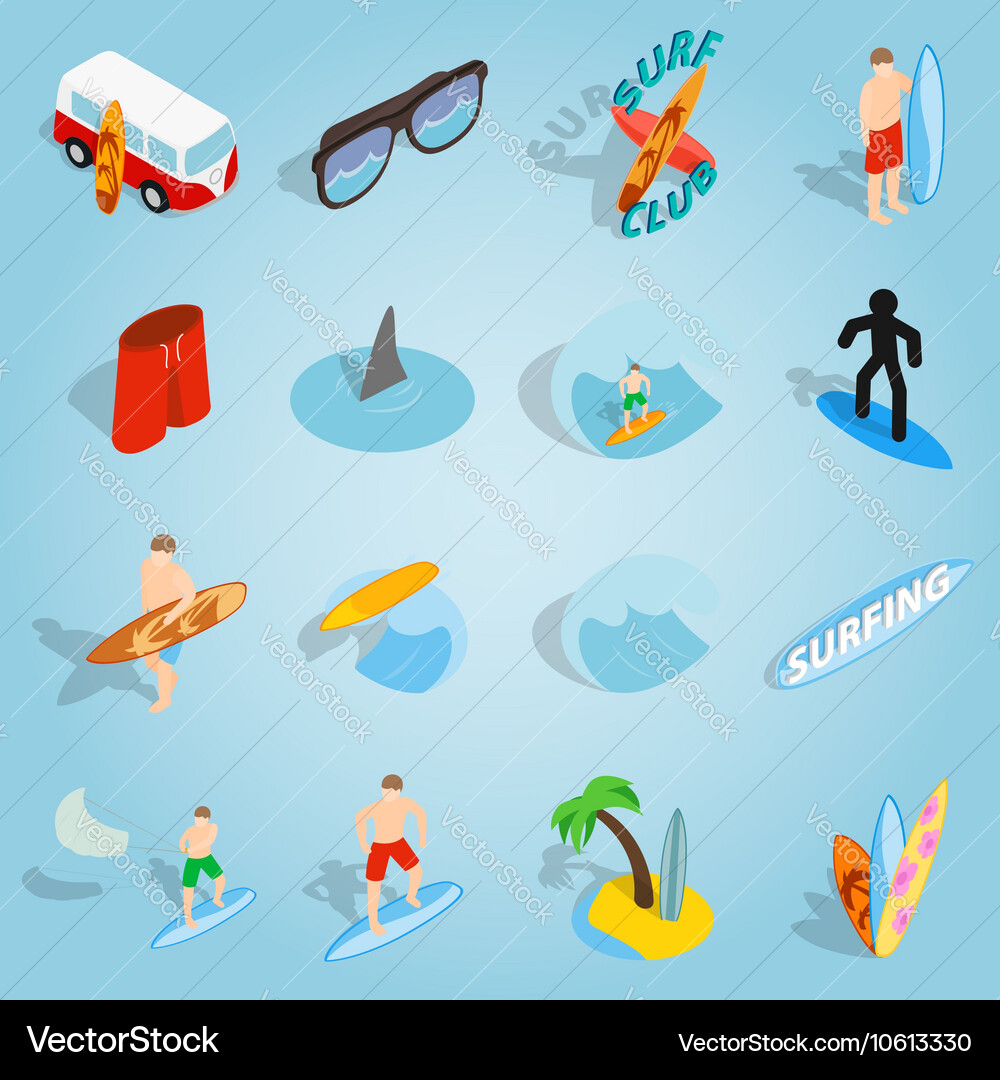 Surfing set icons isometric 3d style Royalty Free Vector
