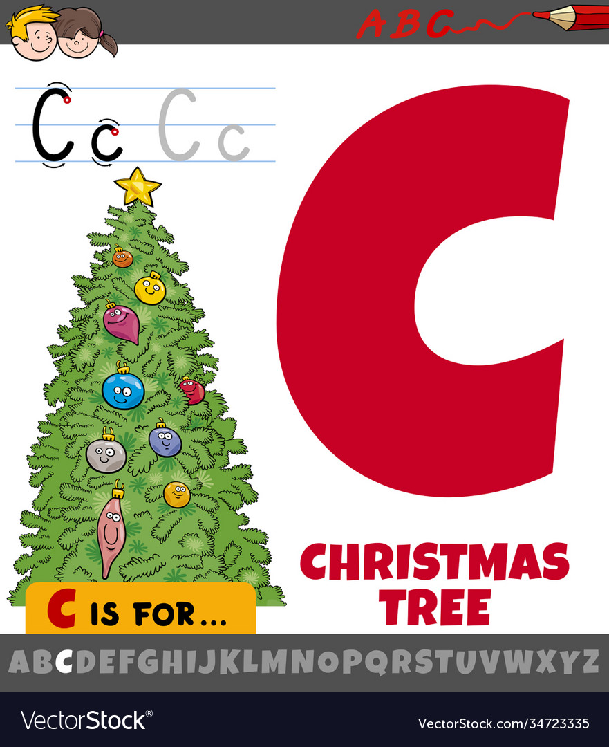 Letter c worksheet with cartoon christmas tree Vector Image