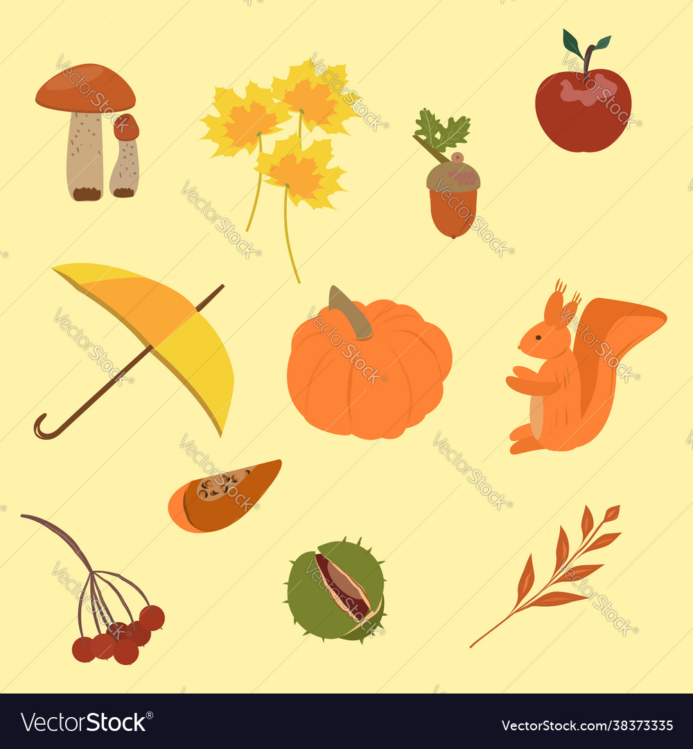 Pattern with autumn items flat texture Royalty Free Vector