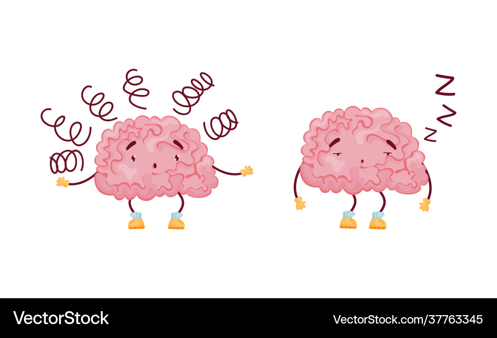Cartoon brain character feeling sleepy and puzzled