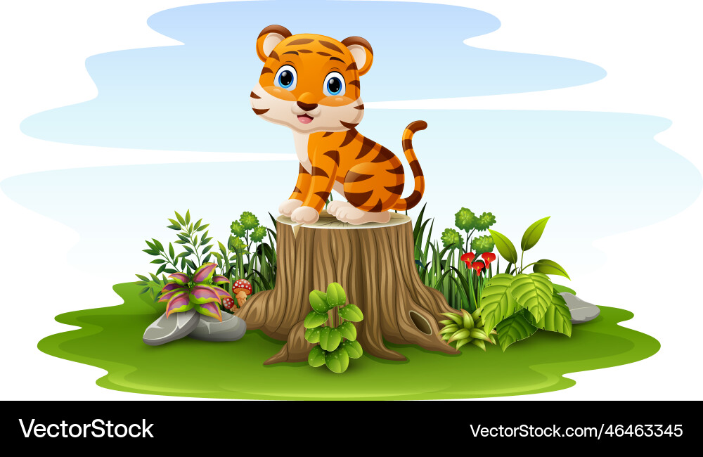 Cartoon little tiger sitting on tree stump Vector Image
