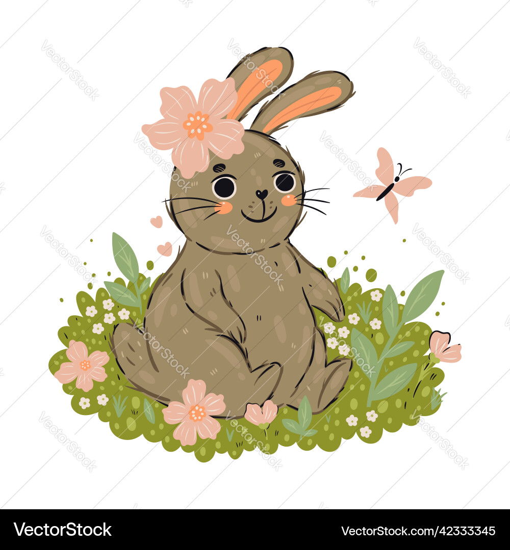 Cute rabbit sitting on a flower meadow Royalty Free Vector