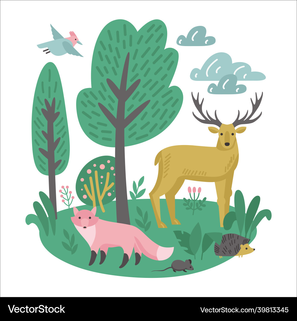 Forest animals doodle composition Royalty Free Vector Image
