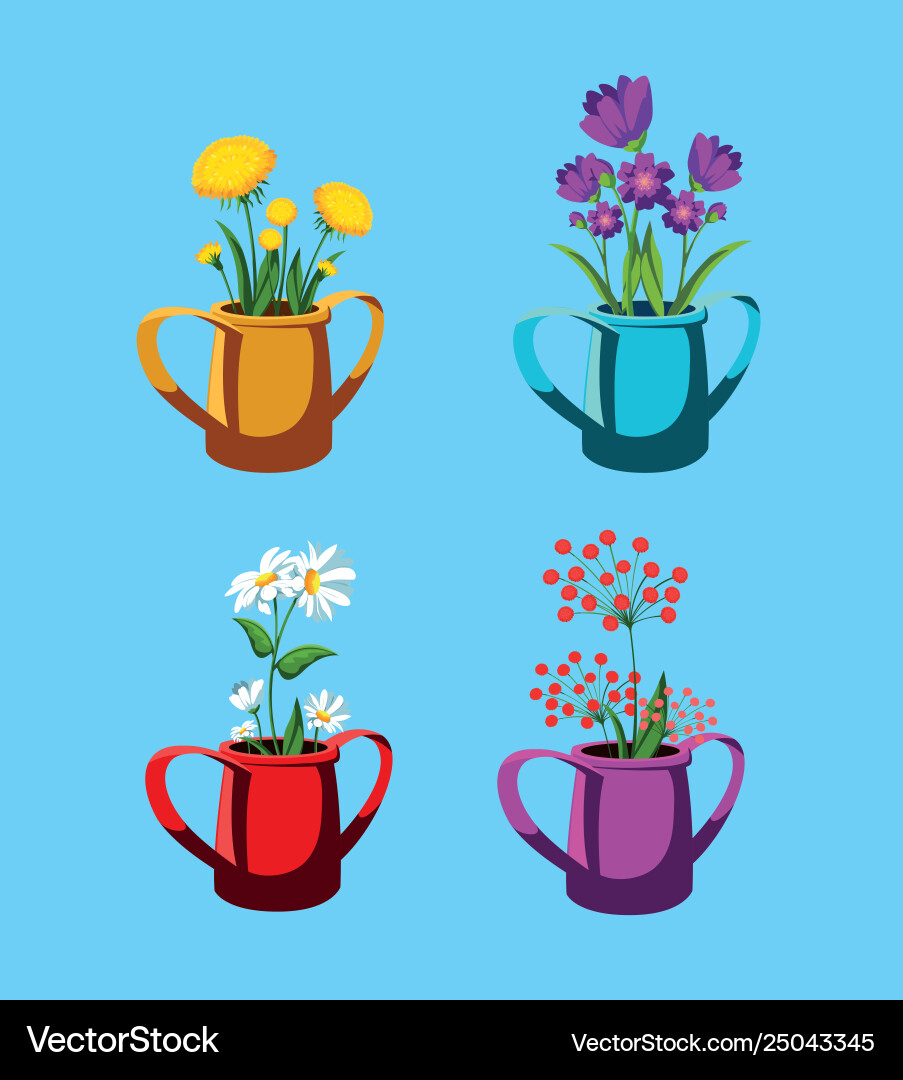 Set beautiful spring flowers in pot Royalty Free Vector