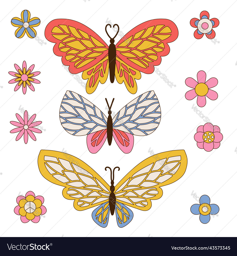 Set of 70s 60s groovy hippie butterflies isolated Vector Image