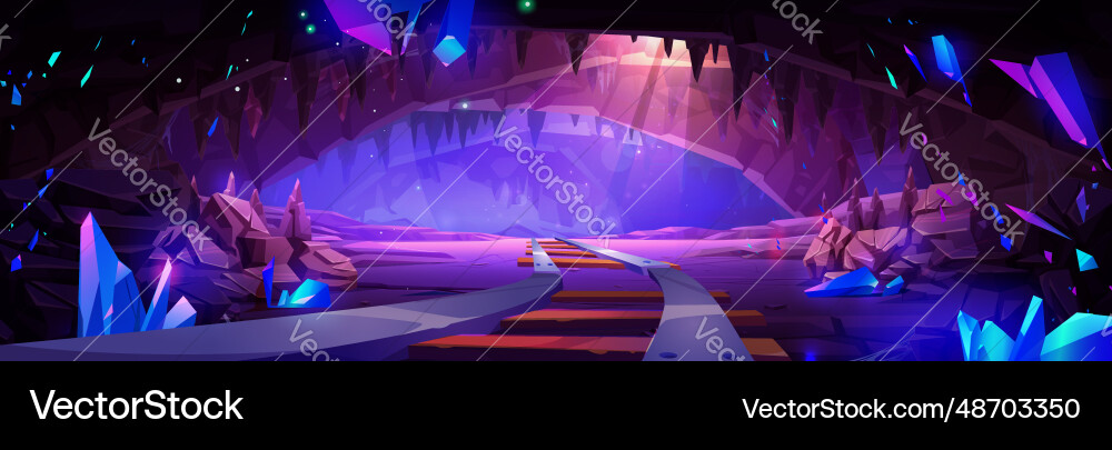 Coal mine cave with railway and crystal background