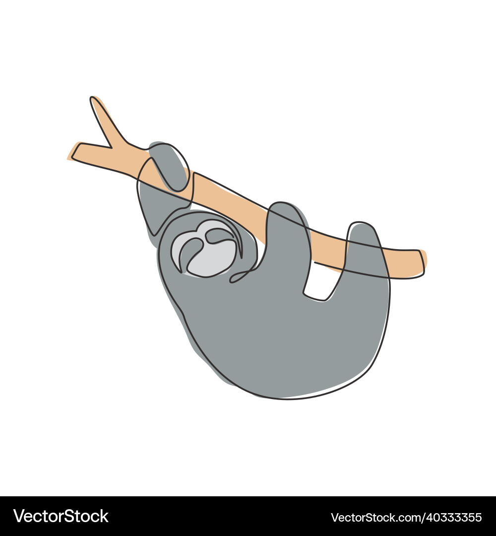 One continuous line drawing of lazy sloth hanging Vector Image