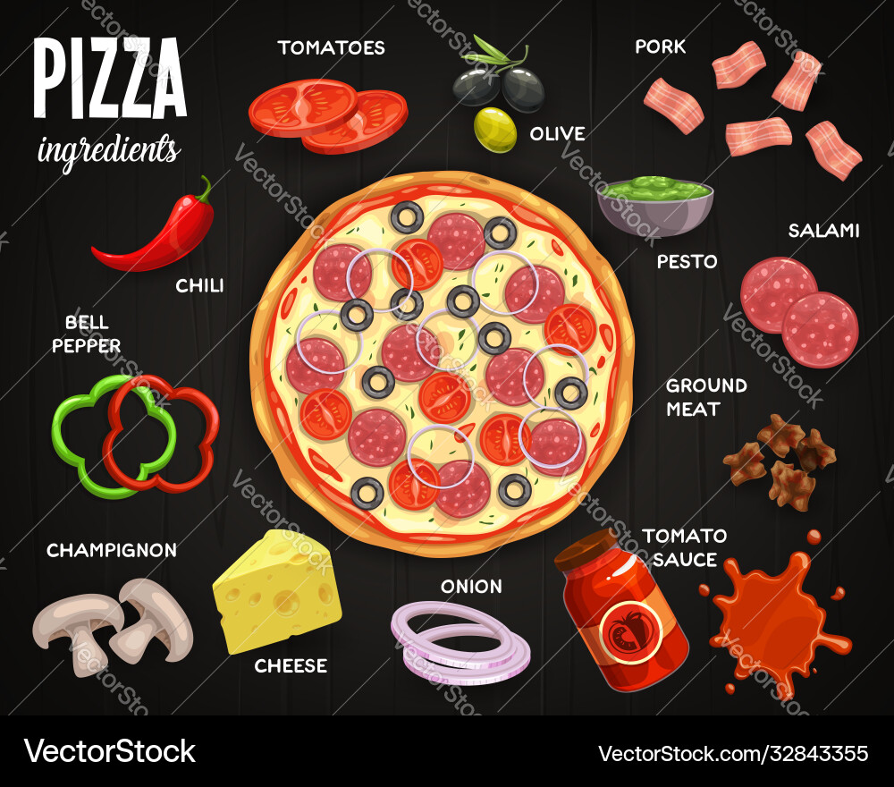 Pizzeria menu pizza ingredients meal Royalty Free Vector