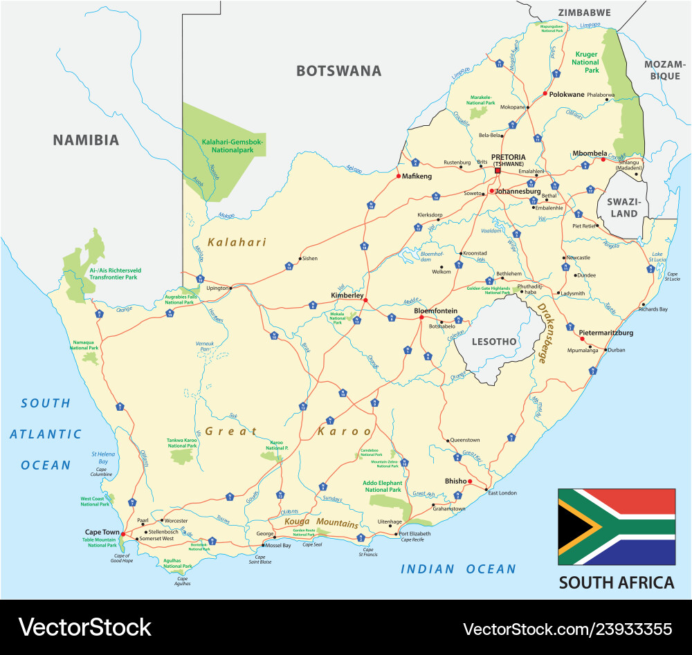 South africa road map with flag Royalty Free Vector Image