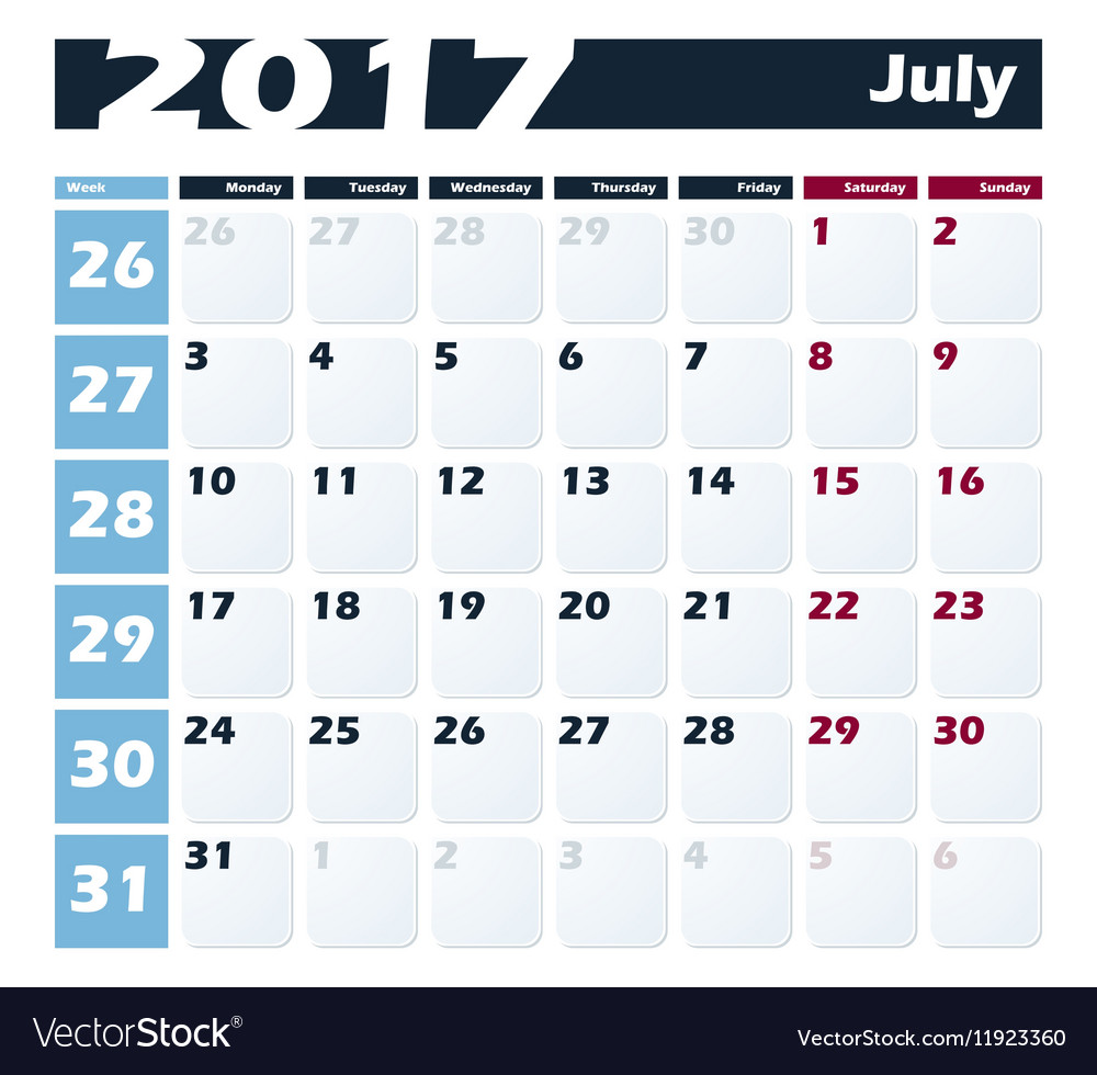 Calendar 2017 july design template week Royalty Free Vector