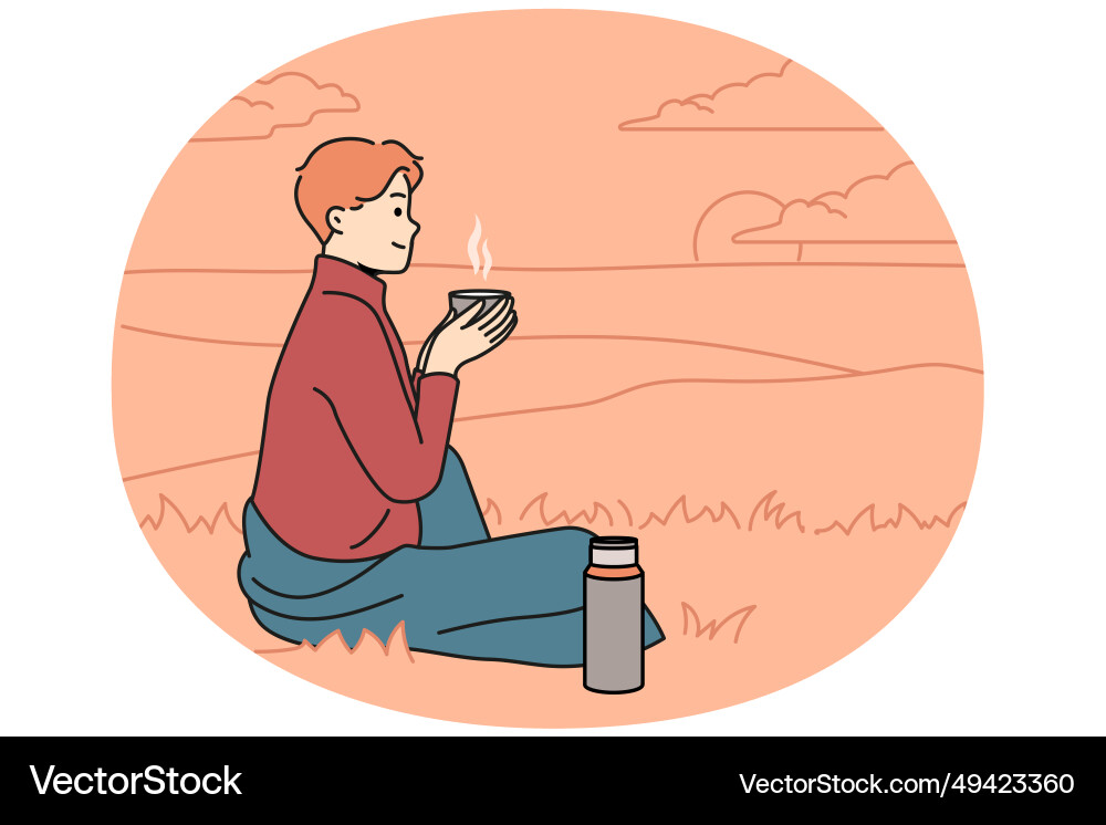 Happy man drinking tea in nature Royalty Free Vector Image