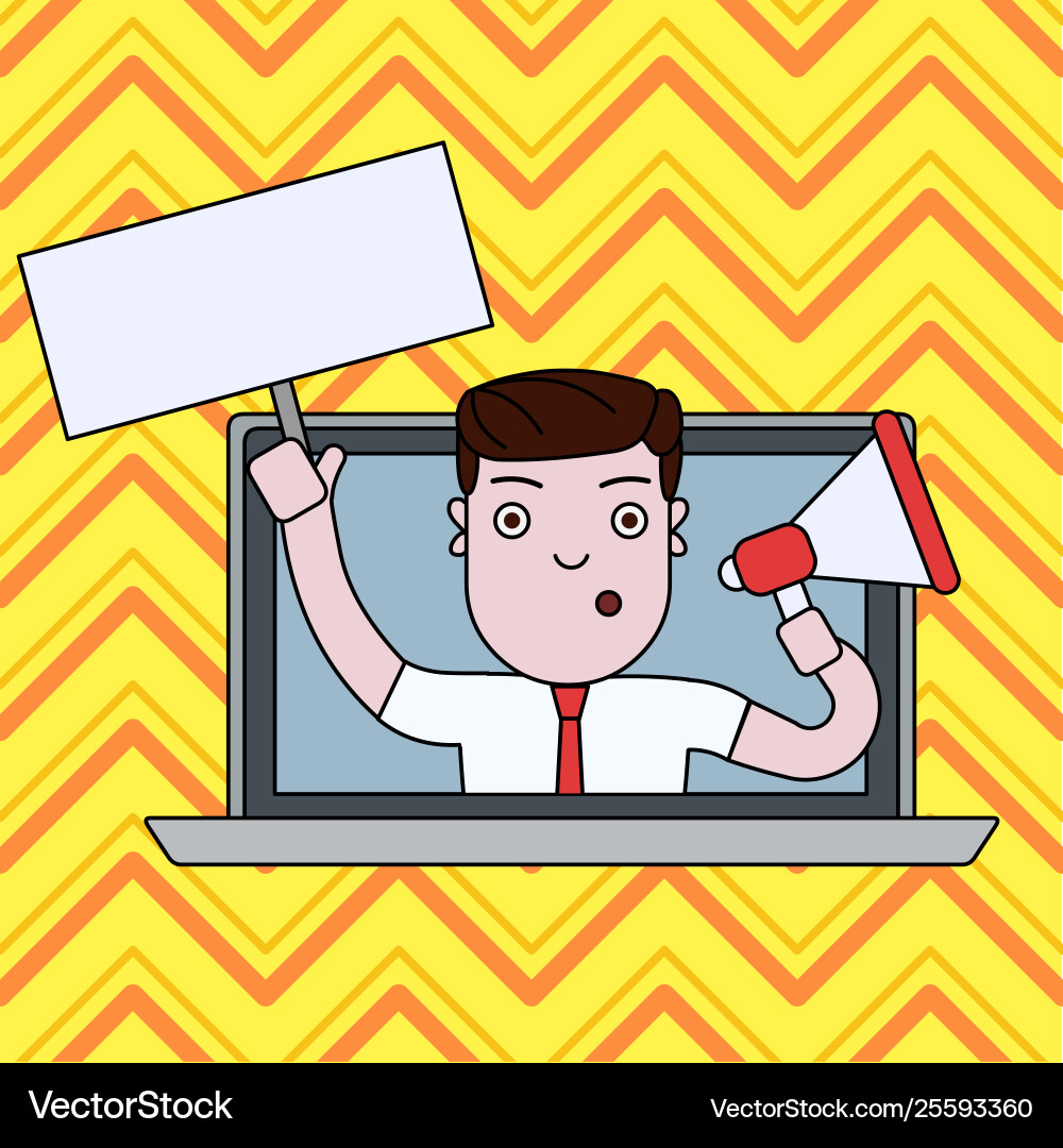 Man speaking through laptop screen with megaphone Vector Image