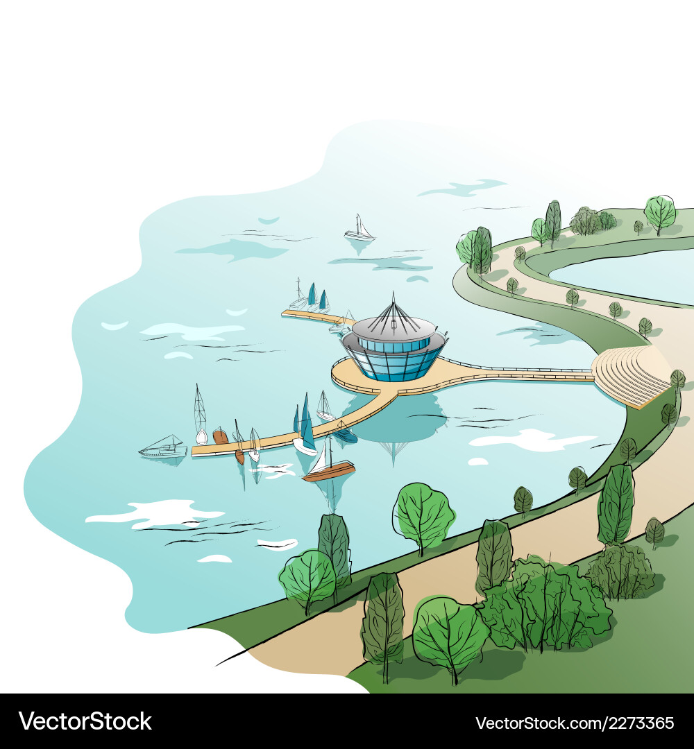 Colored linear landscape with quay and boats Vector Image