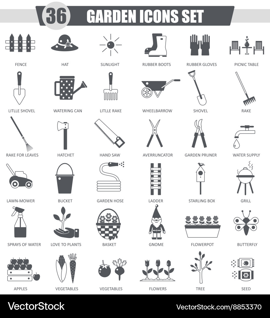 Garden black icon set dark grey classic Royalty Free Vector