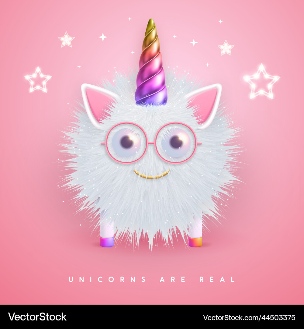 3d realistic fluffy unicorn with rainbow horn Vector Image