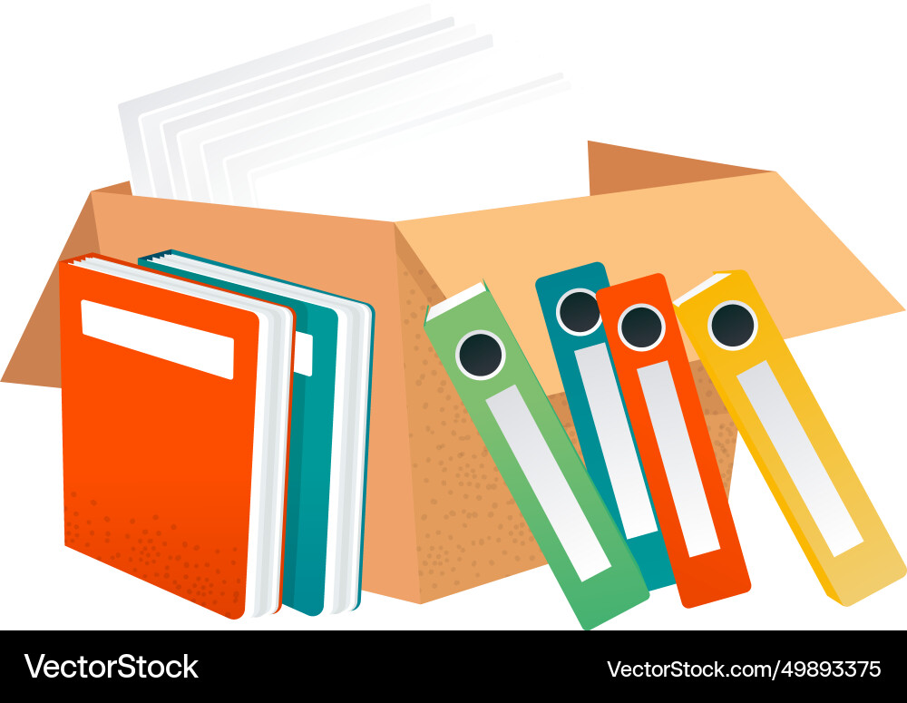 Cardboard box with colorful folders spilling out Vector Image