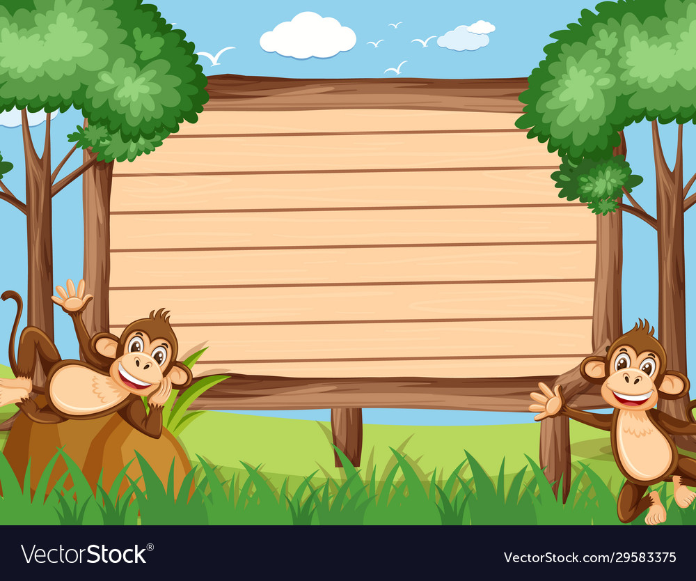 Wooden sign template with happy monkeys Royalty Free Vector