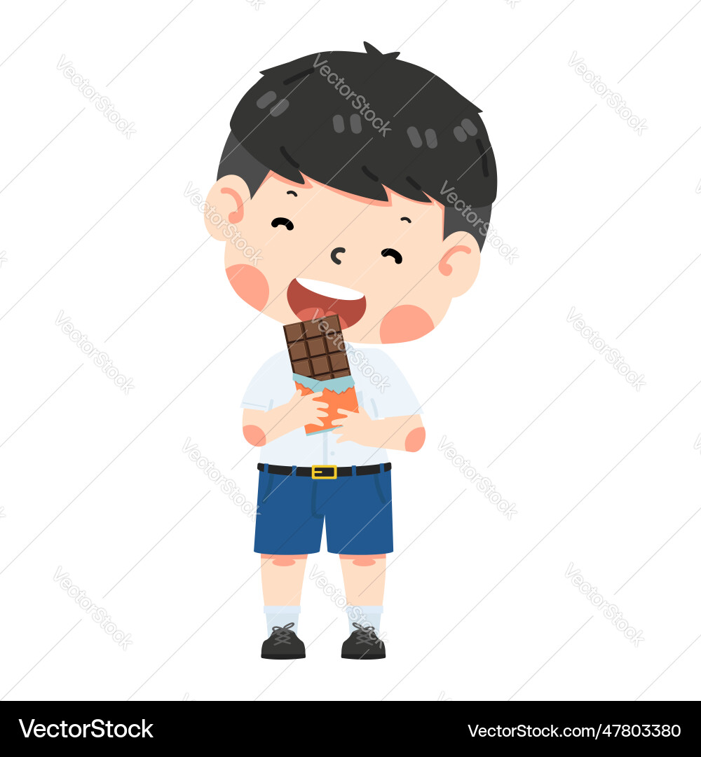 Happy boy student eating chocolate sweet Vector Image