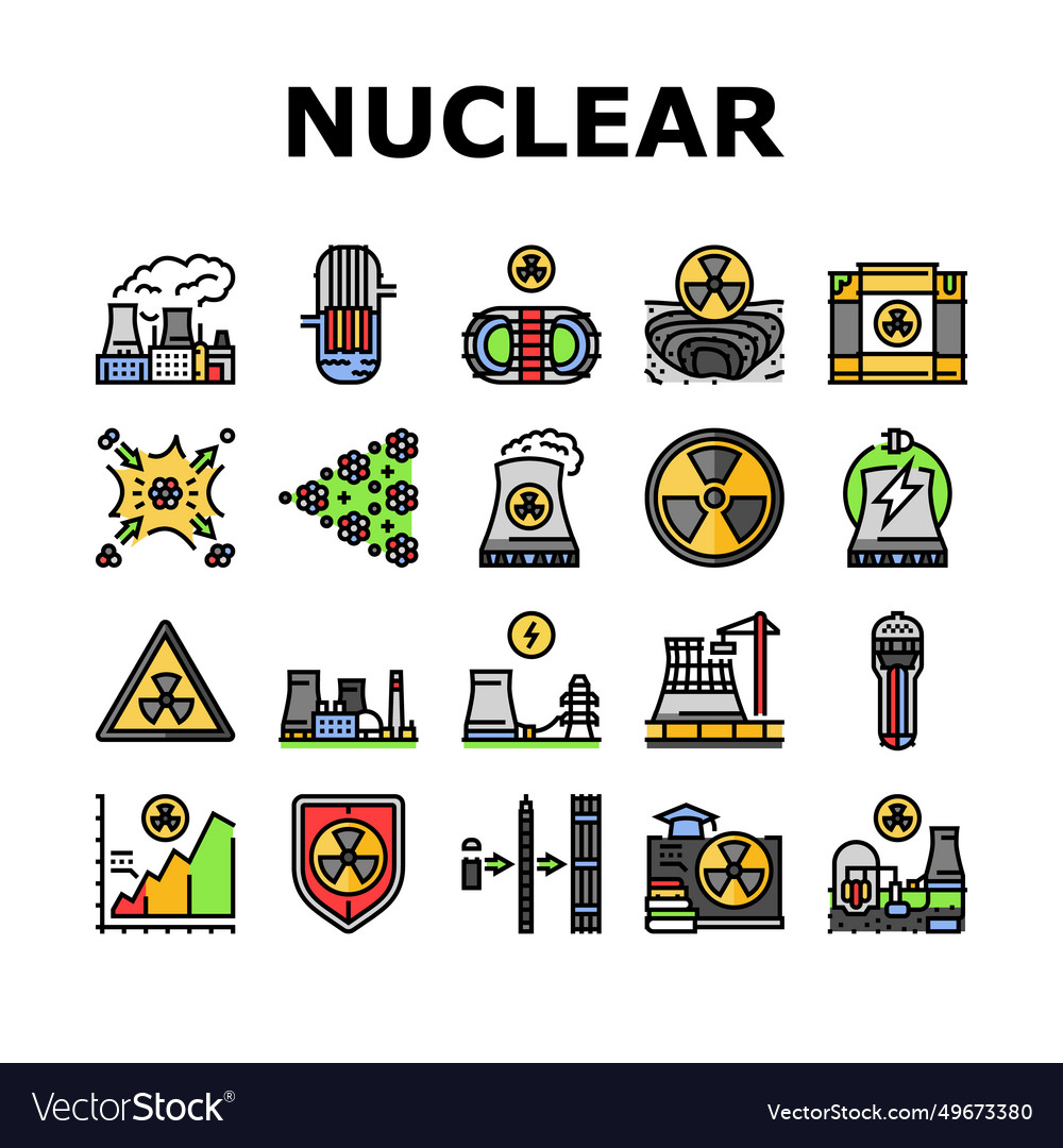 Nuclear energy power plant icons set Royalty Free Vector