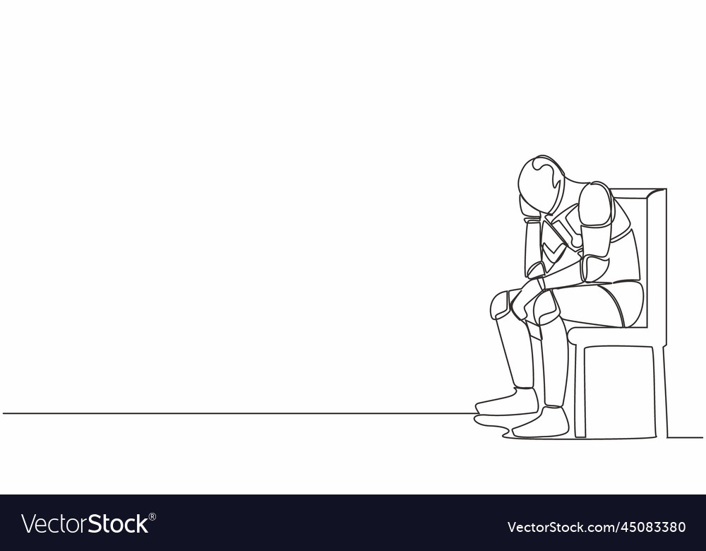 Single one line drawing sad depressed robot Vector Image