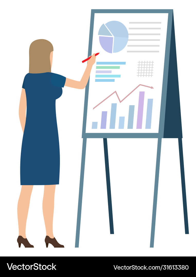 Woman with pen making notes on board with graphs Vector Image