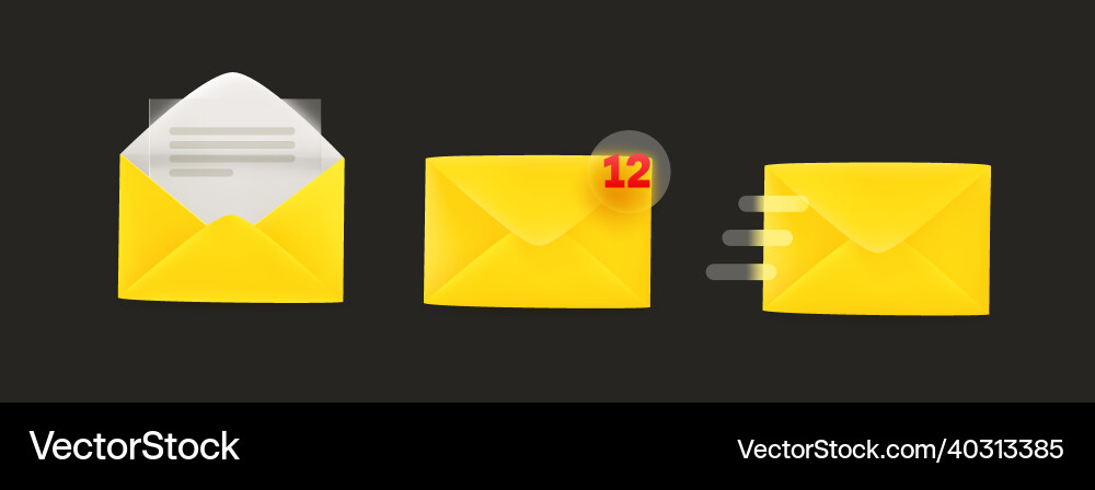 Yellow envelopes icons set with glassmorphism Vector Image